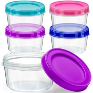 decorrack 4 pack 8 oz plastic food storage containers with screw lids, reusable stackable jars for portion control, snacks, travel, salad dressing, kitchen, freezer, art and craft (assorted)