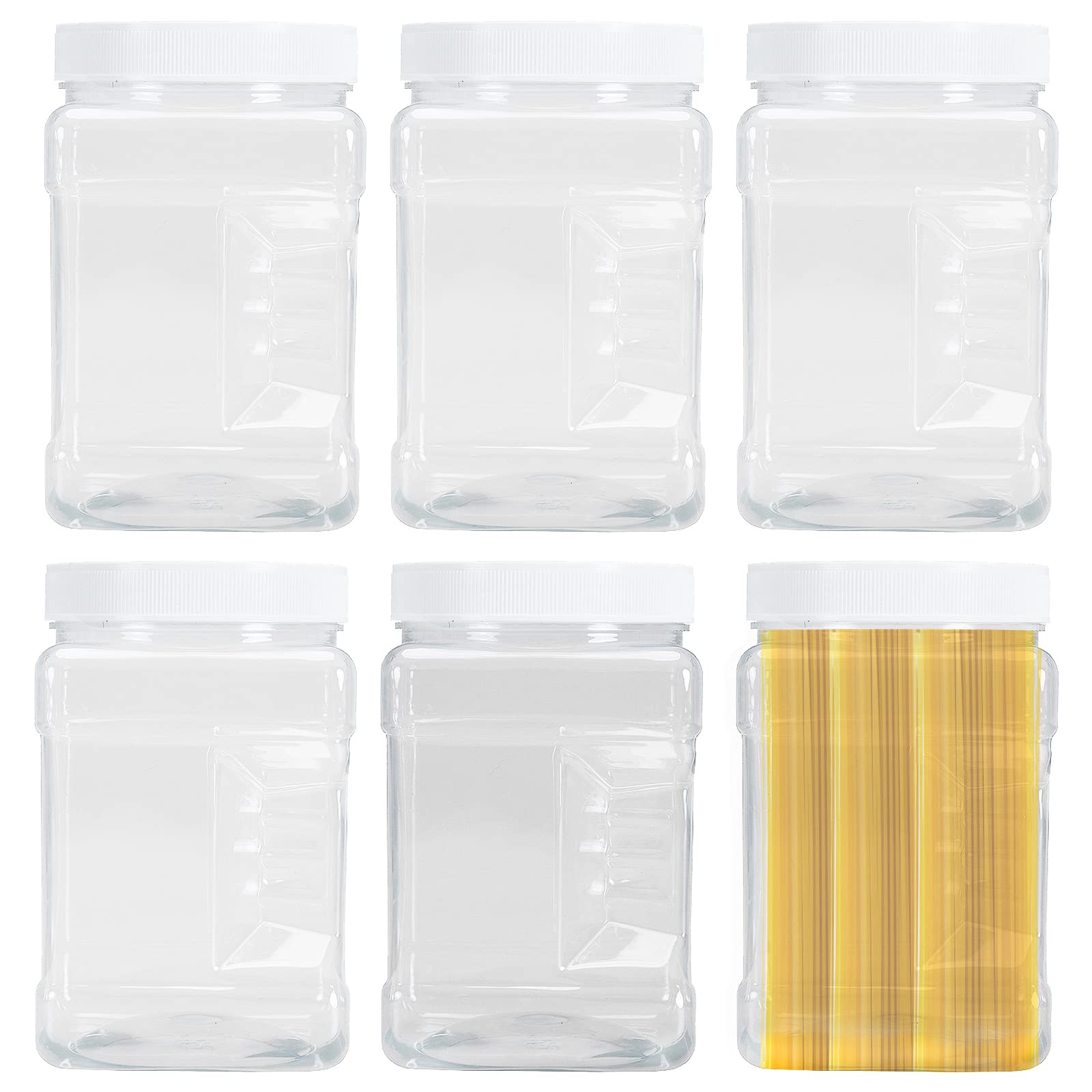 Lawei 6 Pack Square Plastic Jars with Lids, 30 Oz Clear Rectangular 4-Cup Containers with Easy Grip Handles, Wide Mouth Plastic Canisters for Dry Food, Cookies, Peanut Butter, Honey and Jam Storage