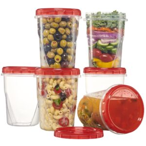 plasticpro 6 pack twist cap food storage containers with red screw on lid- 32 oz reusable meal prep containers - freezer and microwave safe red plastic food storage