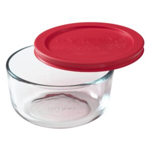 pyrex simply store 2-cup single glass food storage container with lid, non-pourous round meal prep container, bpa-free , dishwasher, microwave, oven and freezer safe,red