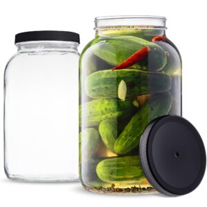 2 pack - 1 gallon mason jar - glass jar wide mouth with plastic lid - container for storing dry foods, spices, pasta, legumes and pet food - airtight kitchen storage (black cap)