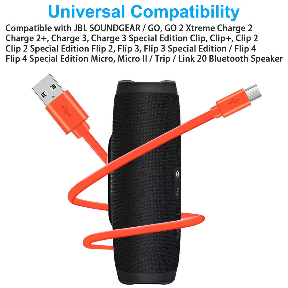 Replacement Micro USB Cable Flat Charging Power Cord Compatible for JBL Charge 2 3, Flip 2 3 4, Pulse 2 Go, Clip Plus, Micro II, Trip, Charge 2 Plus Speakers UE Booms (3.3ft/Orange)