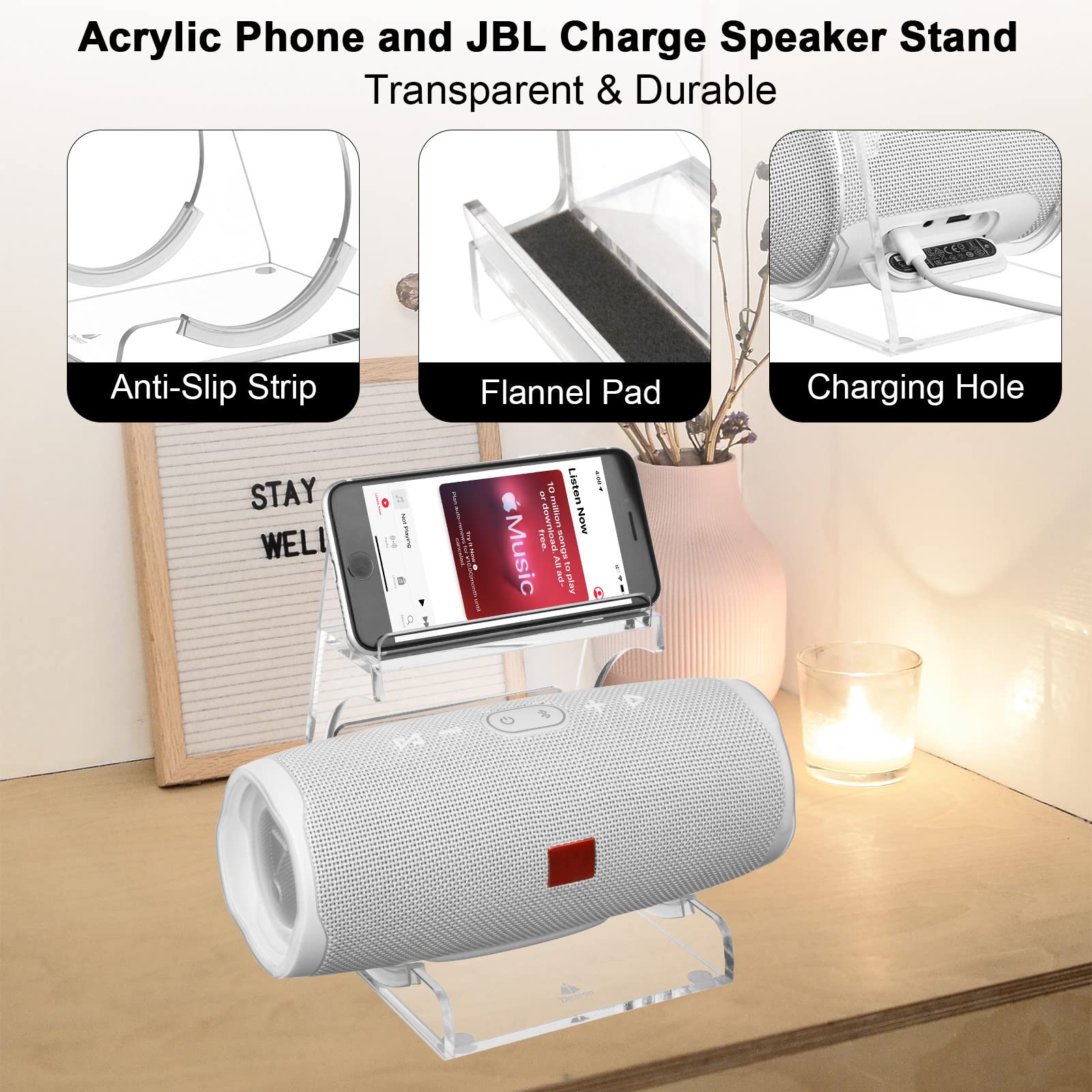 TXEsign Acrylic Table Stand Speaker Holder for JBL Charge 3/JBL Charge 4/JBL Charge 5/iPhone Smartphone, Clear Desktop Stand Holder for JBL Bluetooth Speaker and Smartphone (Transparent)