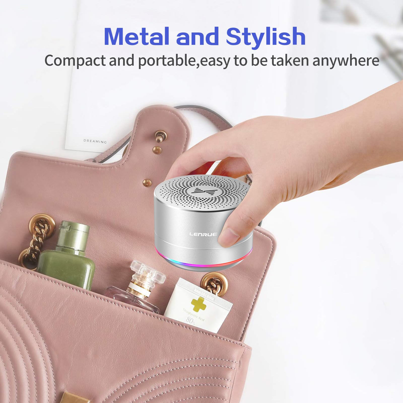 LENRUE Portable Wireless Bluetooth Speaker with Built-in-Mic,Handsfree Call,AUX Line,HD Sound and Bass for iPhone Ipad Android Smartphone and More (Silver)