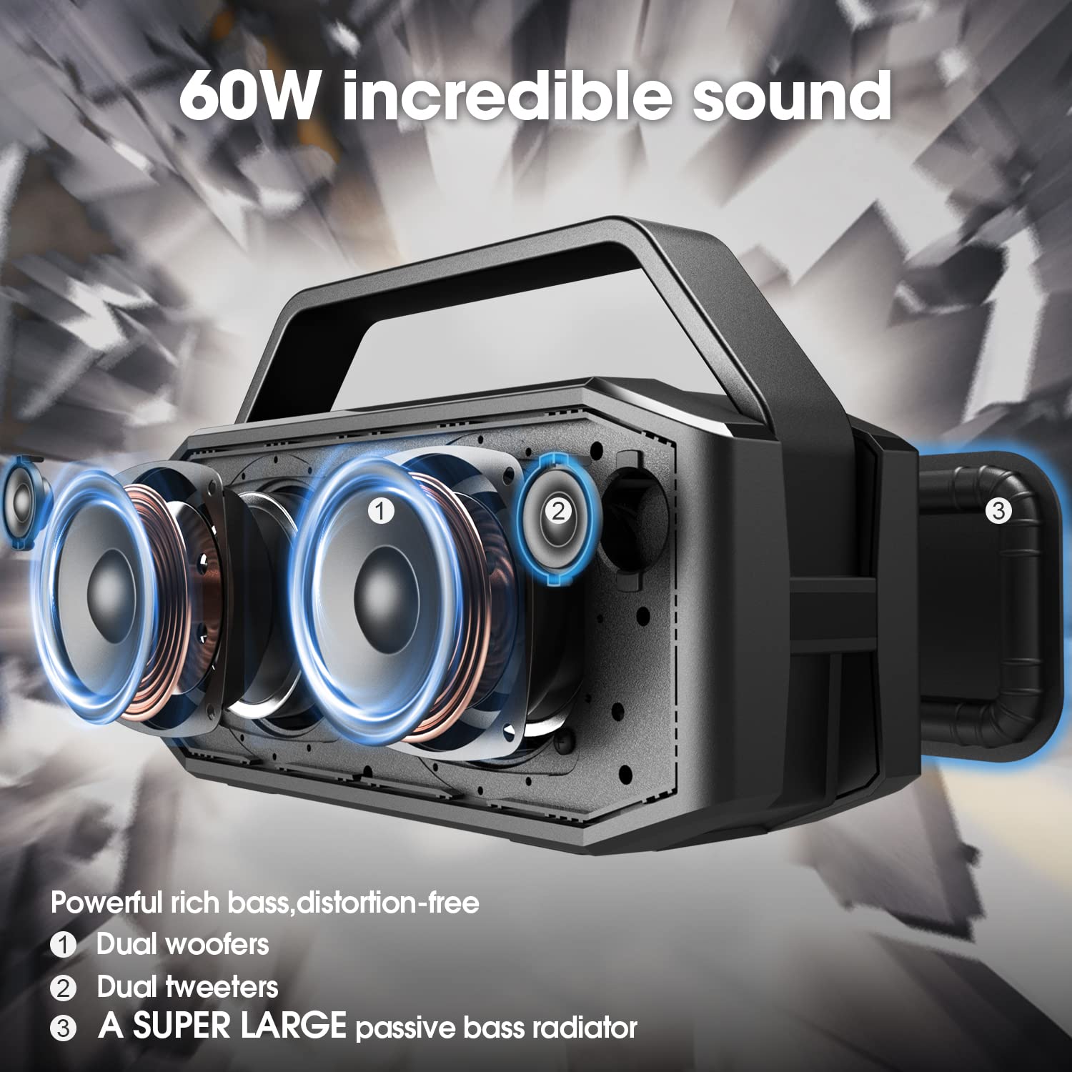 W-KING Portable Loud Bluetooth Speakers with Subwoofer, 60W(100W Peak) Outdoor Speakers Bluetooth Wireless Waterproof Speaker, Deep Bass/V5.0/40H Play/Power Bank/TF Card/AUX/EQ, Large for Party