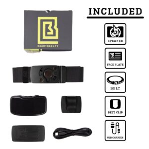 Boomin Belts Portable Bluetooth Belt Buckle Speaker with Faceplate | Water Resistant Magnetic Wearable Bluetooth Speaker with Clip Holder and 4GB Storage | 6+ Hour Battery Life | Belt Included | Black