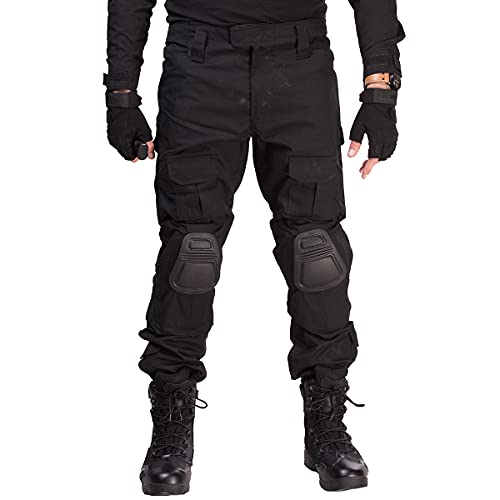 HAN·WILD Combat Pants Tactical Pant with Knee Pads Multicam Rip-Stop Trousers Airsoft Hunting Pants (BLACK, L)