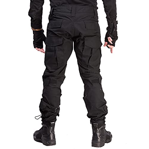 HAN·WILD Combat Pants Tactical Pant with Knee Pads Multicam Rip-Stop Trousers Airsoft Hunting Pants (BLACK, L)