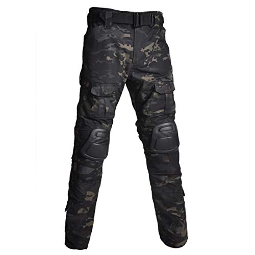 HARGLESMAN G3 Combat Pants Military Clothes Suits Black Camo with Knee Pads for Men Tactical Bottom Trousers for Work Training Hunting Airsoft Paintball Uniform Sets Apparel Gear Black Camo M