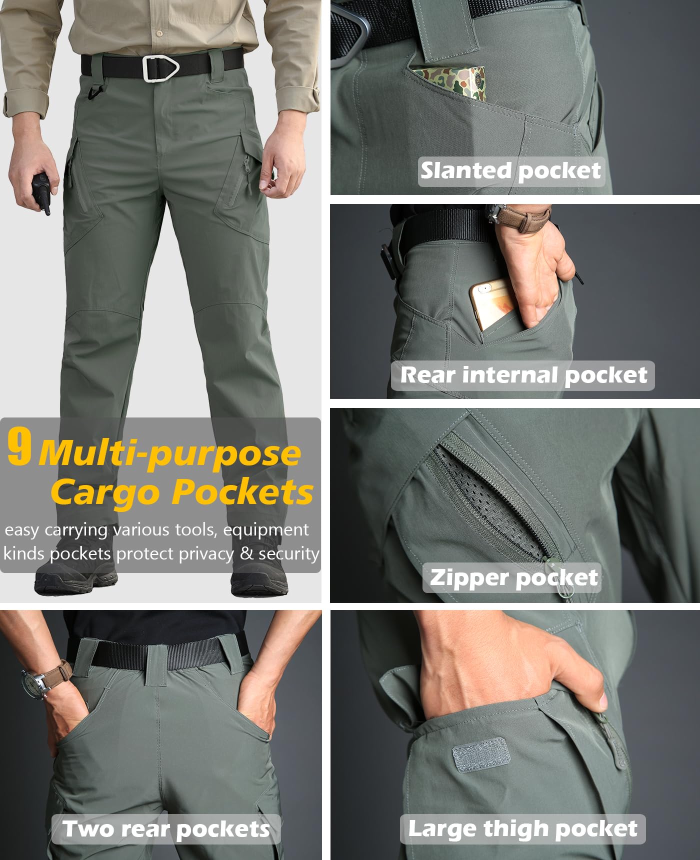 ReFire Gear Mens Summer Lightweight Quick Drying Sportswear Outdoor Pants Stretch Multi-Pockets Rip-Stop EDC Army Combat Work Tactical Pants, Army Green, 32W x 30L