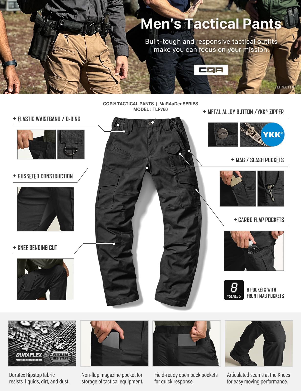 CQR Men's Flex Ripstop Tactical Pants, Water Resistant Stretch Cargo Pants, Lightweight EDC Hiking Work Pants, Dura Flex Mag Pocket Black, 30W x 32L