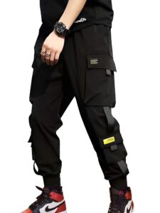 ambcol men's jogger pants punk cargo baggy techwear streetwear hip hop women unisex sports casual pants black-09 large