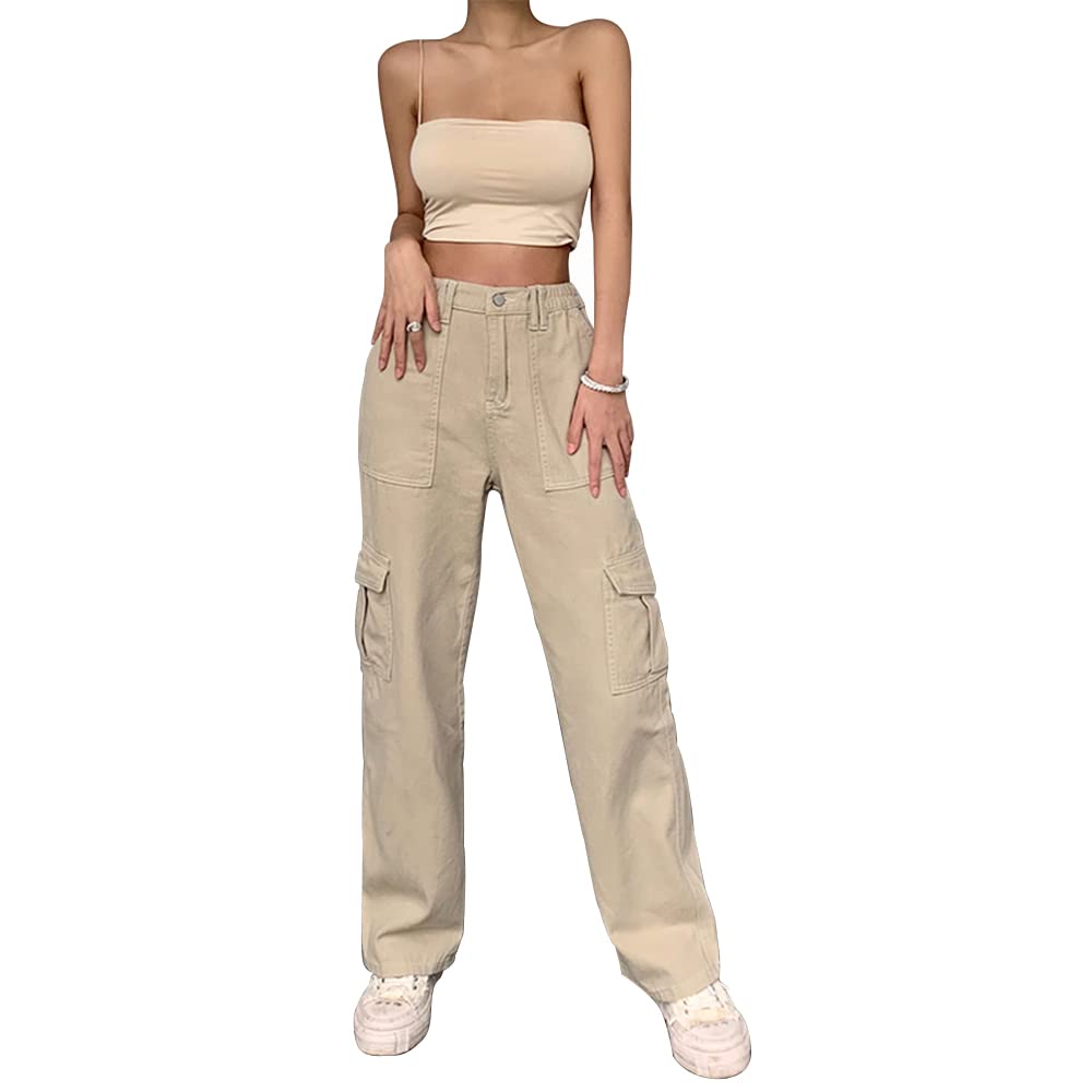 Zucige Women High Waisted Cargo Pants Y2K Baggy Stretchy Wide Leg Loose Fit Combat Military Trouser with Pocket Khaki L