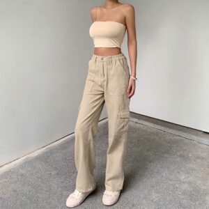 Zucige Women High Waisted Cargo Pants Y2K Baggy Stretchy Wide Leg Loose Fit Combat Military Trouser with Pocket Khaki L