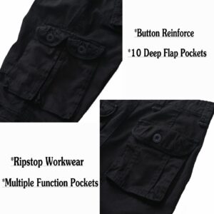 Roqiome Black Cargo Pants for Men Cotton Casual Military Army Combat Work Pant with 10 Pockets (30W)