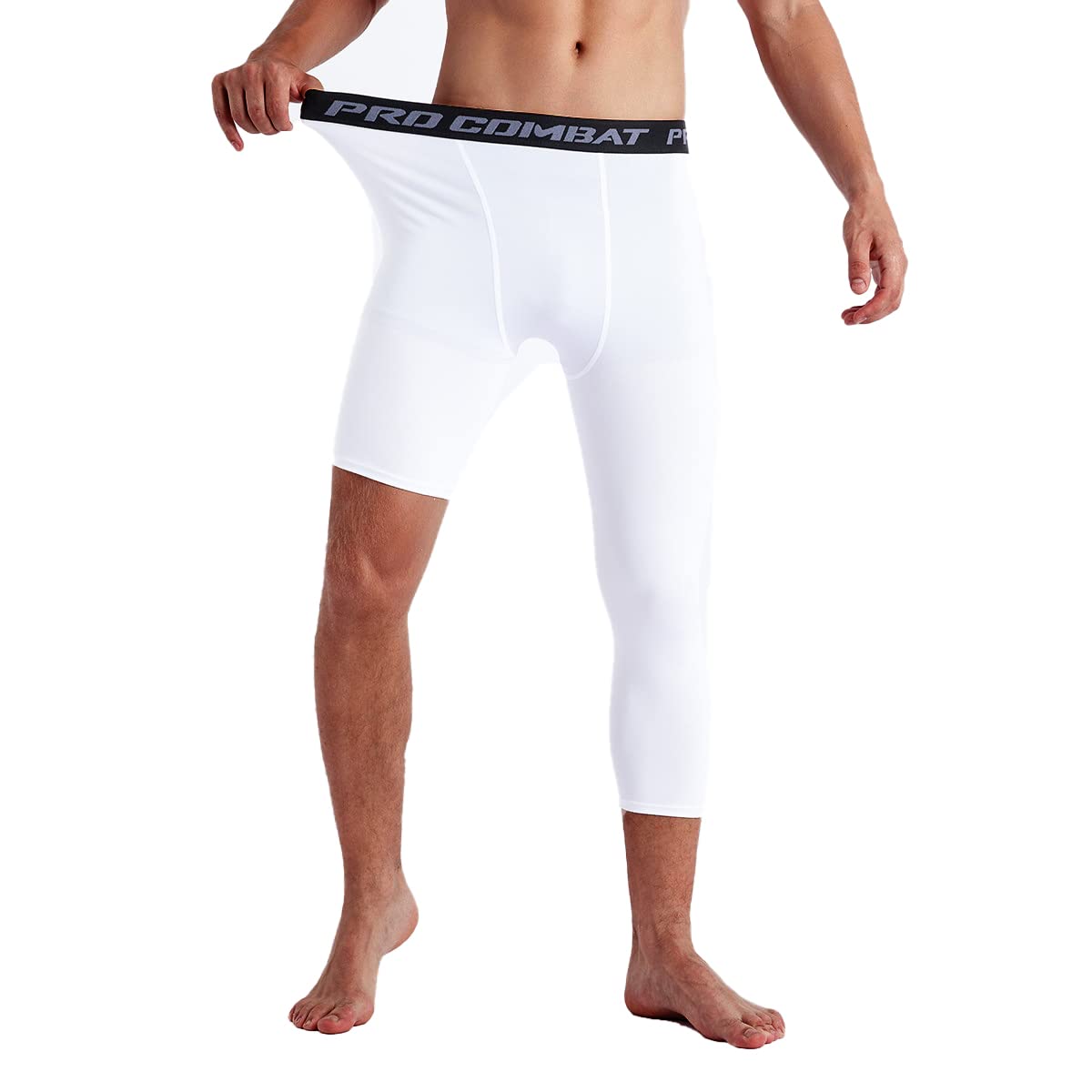 Jonscart Men?s 3/4 One Leg Compression Capri Tights Pants Athletic Base Layer Underwear (White-L,M)