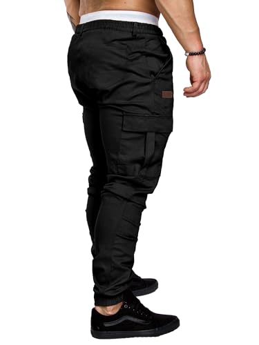 PLEPAN Men's Casual Cargo Pants Joggers Hiking Sweatpants Stretch Elastic Waist Work Pants with 6 Pockets Black Large