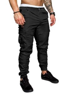 plepan men's casual cargo pants joggers hiking sweatpants stretch elastic waist work pants with 6 pockets black large