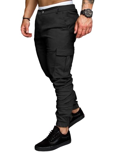 PLEPAN Men's Casual Cargo Pants Joggers Hiking Sweatpants Stretch Elastic Waist Work Pants with 6 Pockets Black Large