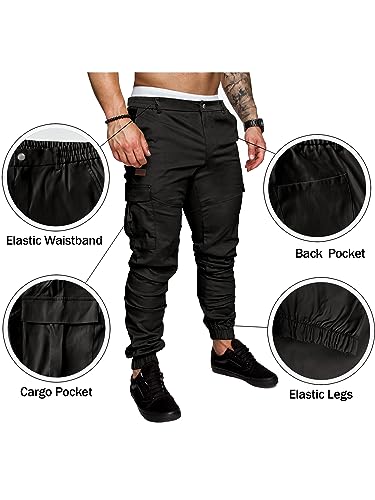 PLEPAN Men's Casual Cargo Pants Joggers Hiking Sweatpants Stretch Elastic Waist Work Pants with 6 Pockets Black Large