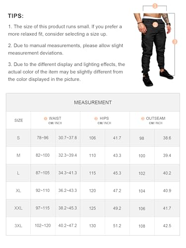 PLEPAN Men's Casual Cargo Pants Joggers Hiking Sweatpants Stretch Elastic Waist Work Pants with 6 Pockets Black Large