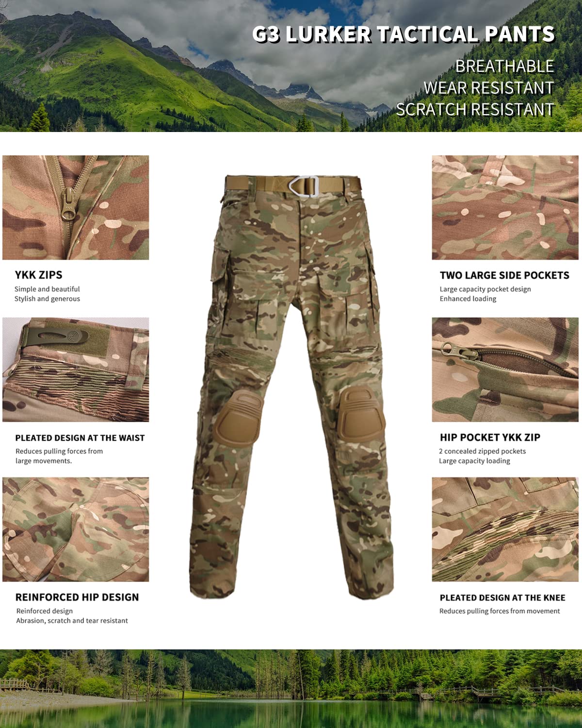 G3 Combat Pant with Knee Pads Tactical Pants Airsoft Multicam Camo Clothes Rip-Stop Paintball Hunting Trousers (Cp)