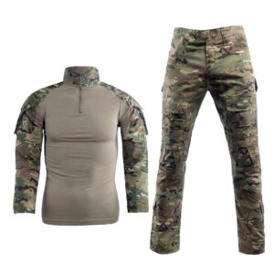 lanbaosi men's tactical combat shirt and pants set long sleeve multicam woodland bdu hunting military uniform 1/4 zip