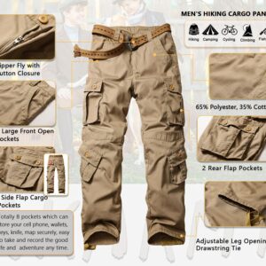 TRGPSG Men's Ripstop Wild Cargo Pants Multi-Pocket Military Army Camo Casual Work Combat Trousers 5335 Khaki 34