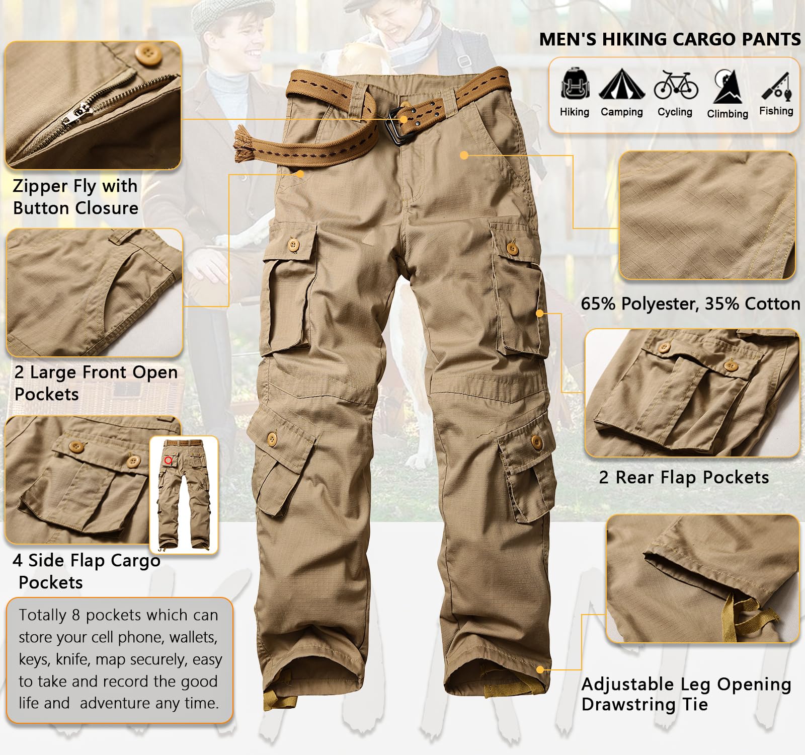 TRGPSG Men's Ripstop Wild Cargo Pants Multi-Pocket Military Army Camo Casual Work Combat Trousers 5335 Khaki 34