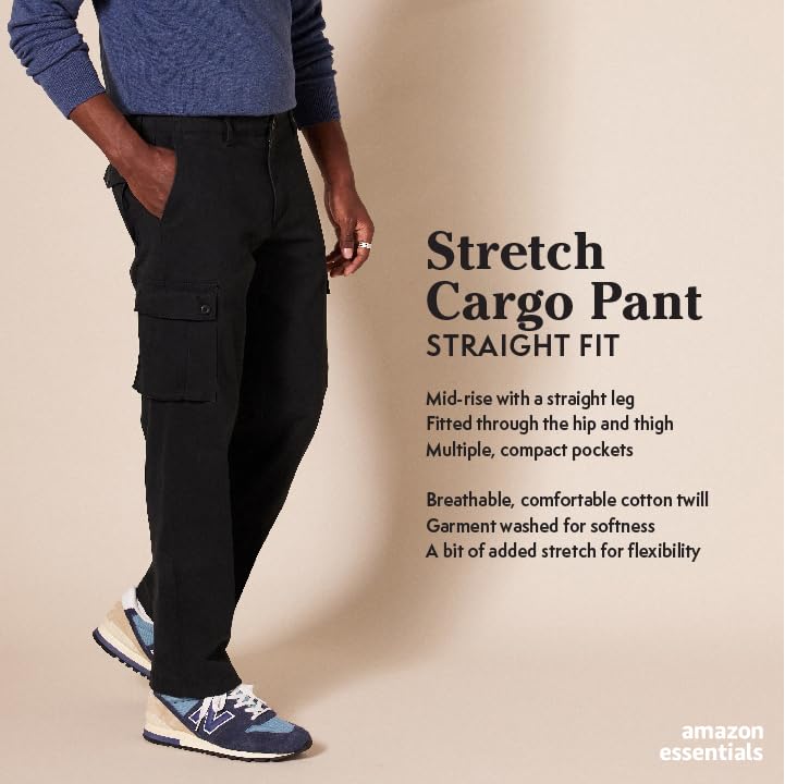 Amazon Essentials Men's Straight-Fit Stretch Cargo Pant (Available in Big & Tall), Black, 28W x 32L