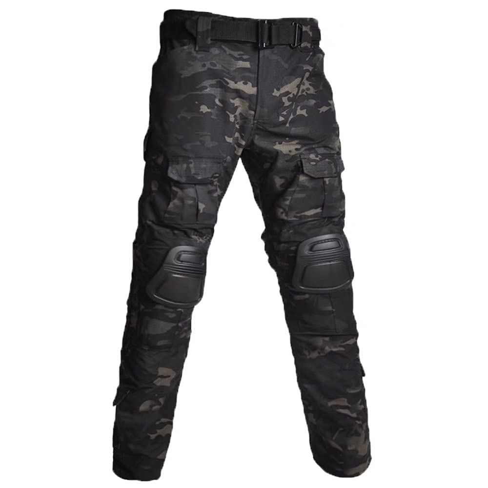 Dumajo Men's Tactical Military Pants Slim Fit Airsoft Combat Pant with Knee Pads-Black Camouflage,Size 36