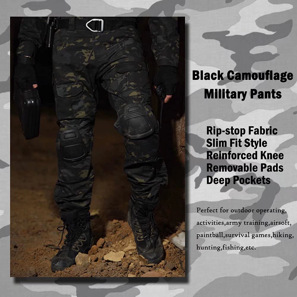 Dumajo Men's Tactical Military Pants Slim Fit Airsoft Combat Pant with Knee Pads-Black Camouflage,Size 36