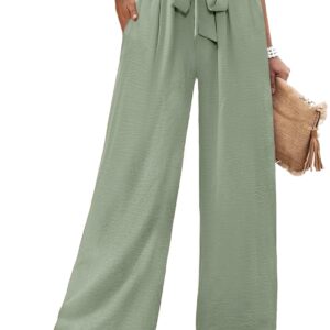 Sucolan Green Pants for Women Dressy Casual Wide Leg Pants High Waisted Business Work Pants Adjustable Tie Knot Loose Beach Flowy Palazzo Pants Sage Green L