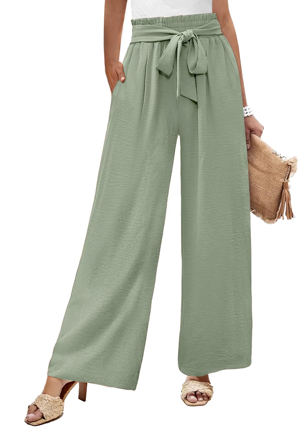 Sucolan Green Pants for Women Dressy Casual Wide Leg Pants High Waisted Business Work Pants Adjustable Tie Knot Loose Beach Flowy Palazzo Pants Sage Green L