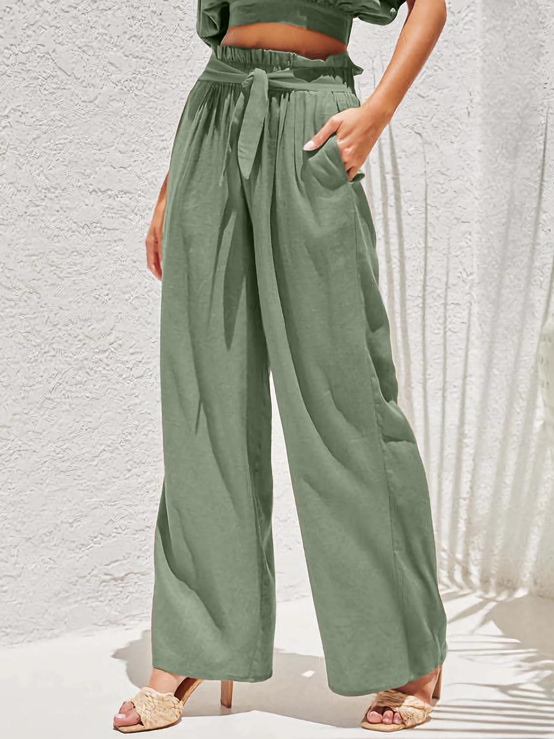 Sucolan Green Pants for Women Dressy Casual Wide Leg Pants High Waisted Business Work Pants Adjustable Tie Knot Loose Beach Flowy Palazzo Pants Sage Green L