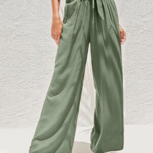 Sucolan Green Pants for Women Dressy Casual Wide Leg Pants High Waisted Business Work Pants Adjustable Tie Knot Loose Beach Flowy Palazzo Pants Sage Green L