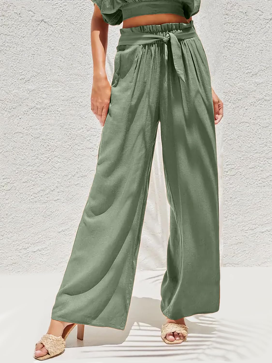 Sucolan Green Pants for Women Dressy Casual Wide Leg Pants High Waisted Business Work Pants Adjustable Tie Knot Loose Beach Flowy Palazzo Pants Sage Green L