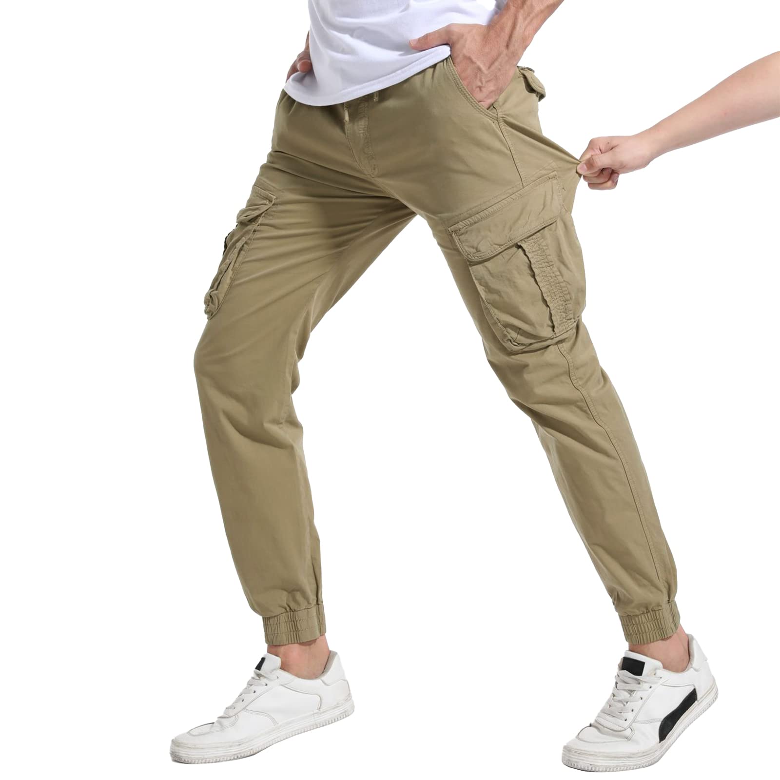 LEPOAR Men's Hiking Cargo Pants Joggers Slim Fit Stretch Lightweight Casual Work Pants with Pockets,Khaki 36