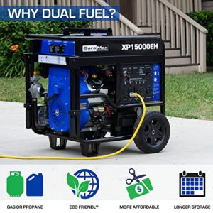 DuroMax XP15000EH Dual Fuel Portable Generator-15000 Watt Gas or Propane Powered Electric Start-Home Back Up & RV Ready, 50 State Approved, Blue and Black