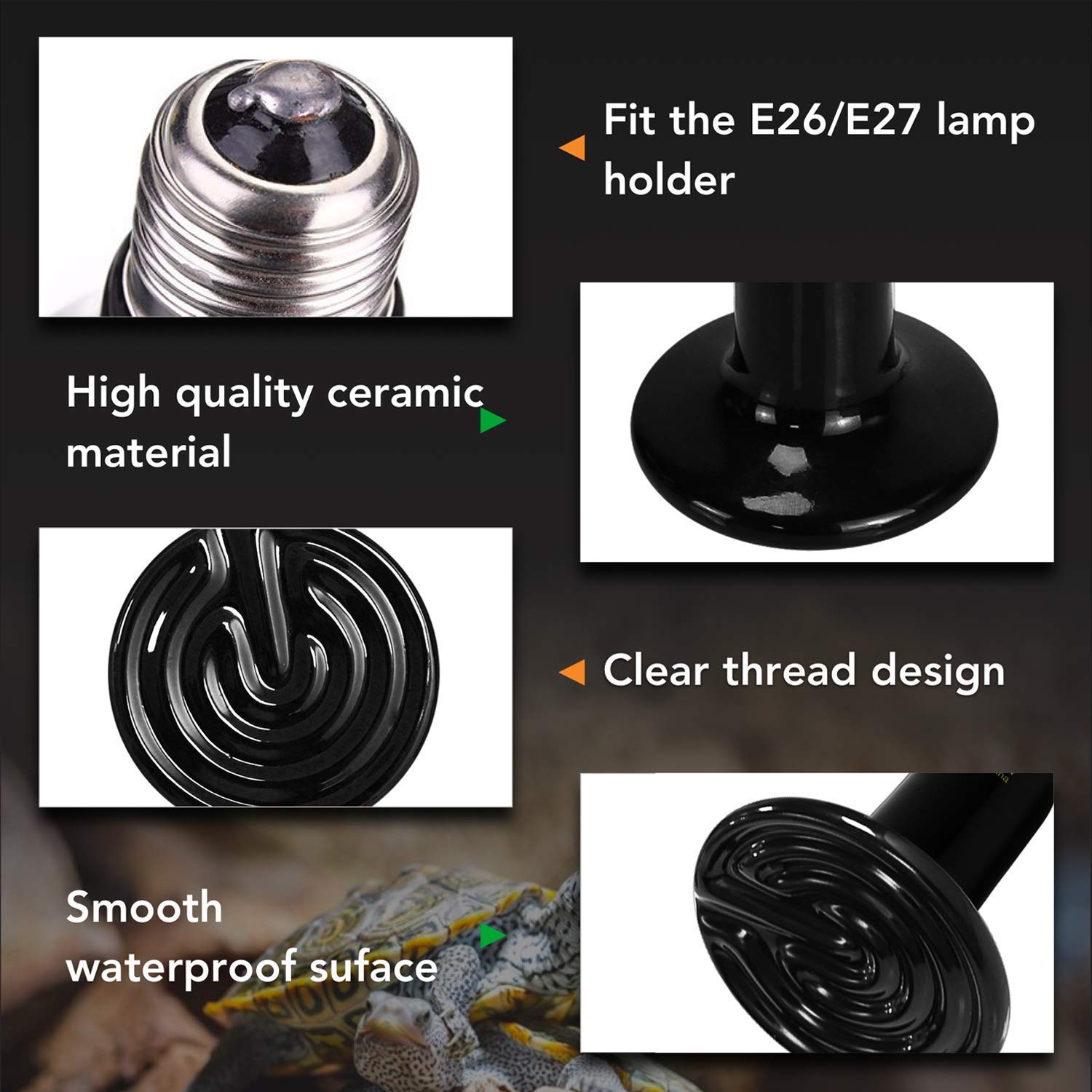 Simple Deluxe Ceramic Heat Emitter 100W Reptile Heat Lamp Bulb No Light Emitting Brooder Coop Heater for Amphibian Pet Snake Turtle & Incubating Chicken, No Harm, Color Black, 4 Pack