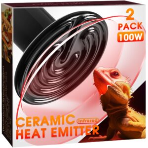 ceramic heat emitter for reptiles, 100w heat lamp bulb, ceramic reptile heat bulb black, no light emitting heat lamp for amphibian pet, heat bulb for bearded dragon turtle snake lizard, 2 pack