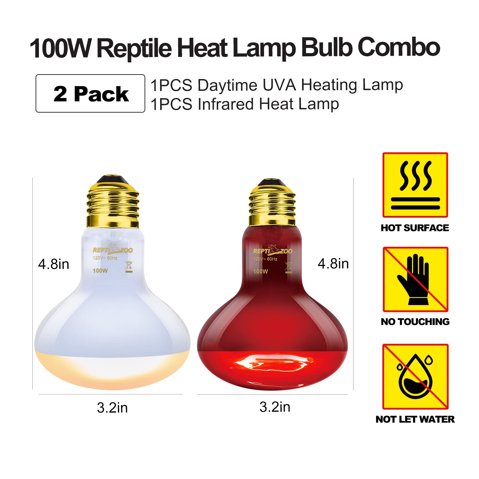 REPTI ZOO 100W Reptile Heat Lamp Bulbs Combo, Upgraded 2 Pack Day & Night Basking Spot Light, UVA Daylight Heating Lamp & Infrared Heat Lamp for Reptiles & Amphibians