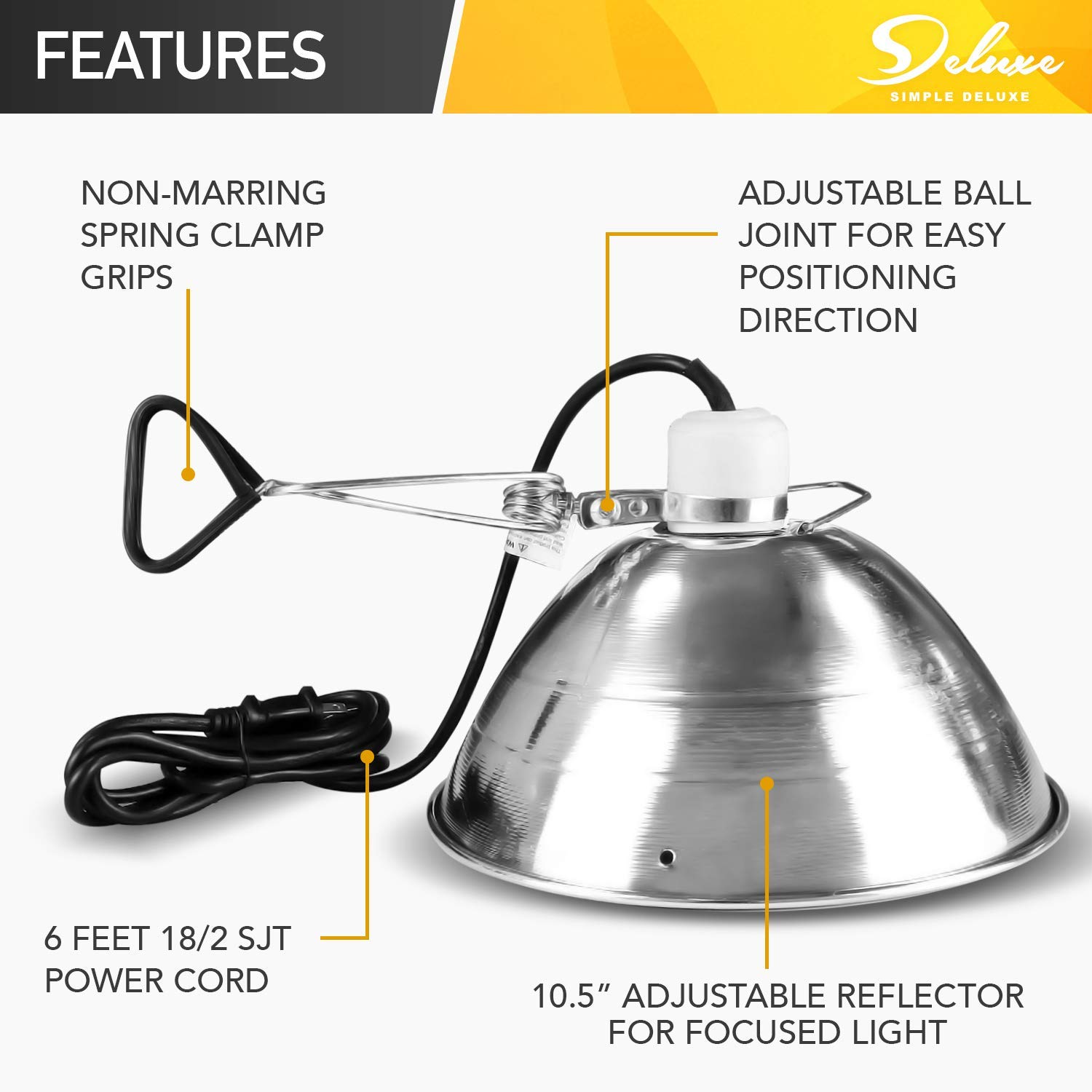 Simple Deluxe Clamp Lamp Light with 10.5 Inch Aluminum Reflector and Bulb Guard up to 250 Watt E26 Socket (no Bulb Included) 6 Feet 18/2 SJT Cord, Silver, 10.5 Inch Clamp Light