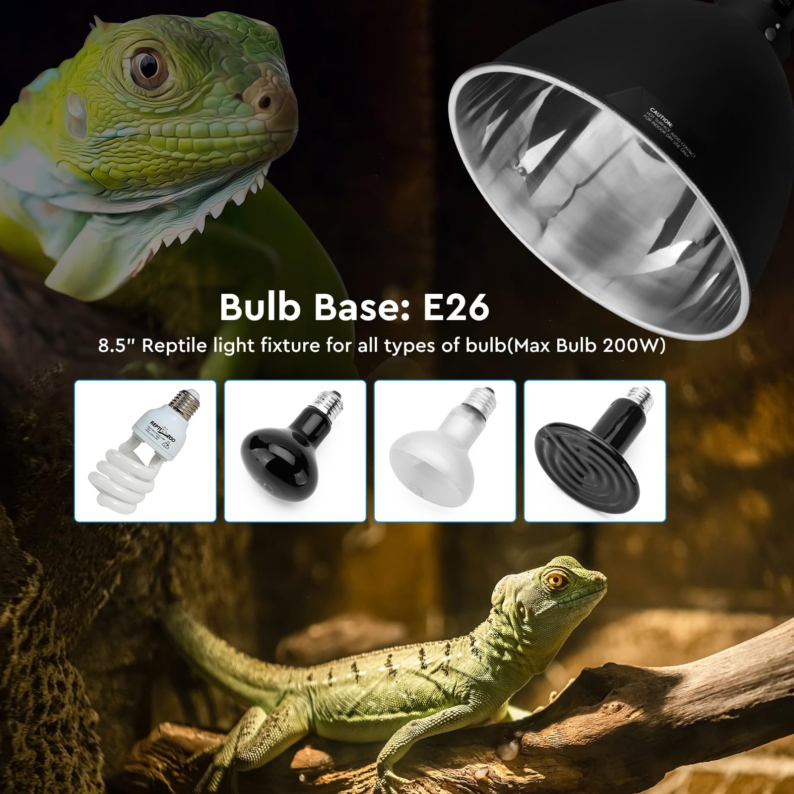 REPTITRIP Deep Dome Reptile Light Fixture 8.5", Reptile Heat Lamp Max 200W, Reptile Tank Lighting Fixtures, Fixture for UVB Reptile Light, Reptile Tank Accessories 2 Packs E26