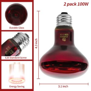 REPTI HOME Infrared Reptile Heat Lamp Bulbs,2 PCS 100W Reptiles & Amphibians Infrared Basking Spot Lamp Bulb, Red Heat Emitter light for Chickens Coop