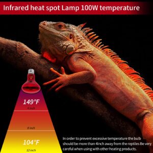 REPTI HOME Infrared Reptile Heat Lamp Bulbs,2 PCS 100W Reptiles & Amphibians Infrared Basking Spot Lamp Bulb, Red Heat Emitter light for Chickens Coop