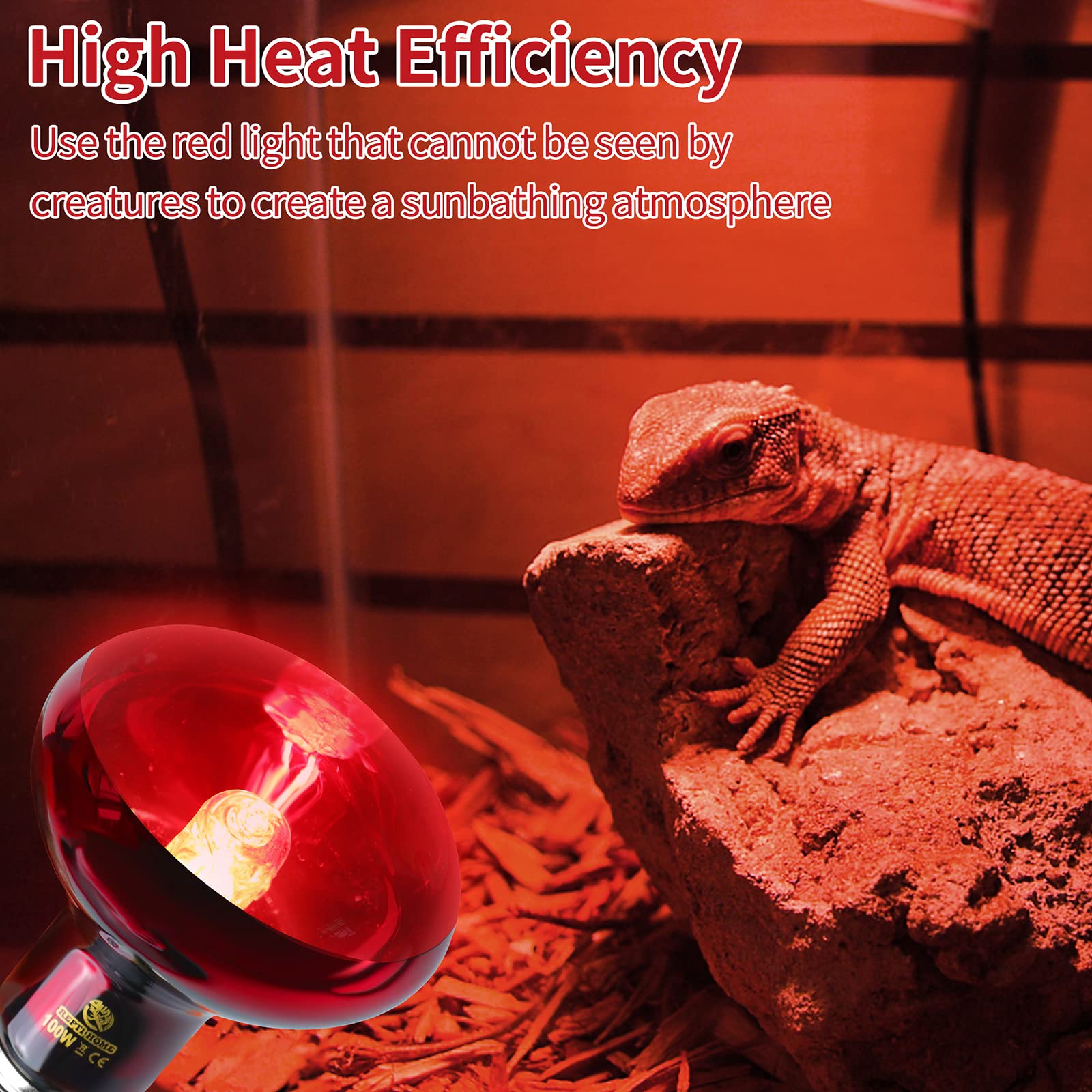 REPTI HOME Infrared Reptile Heat Lamp Bulbs,2 PCS 100W Reptiles & Amphibians Infrared Basking Spot Lamp Bulb, Red Heat Emitter light for Chickens Coop