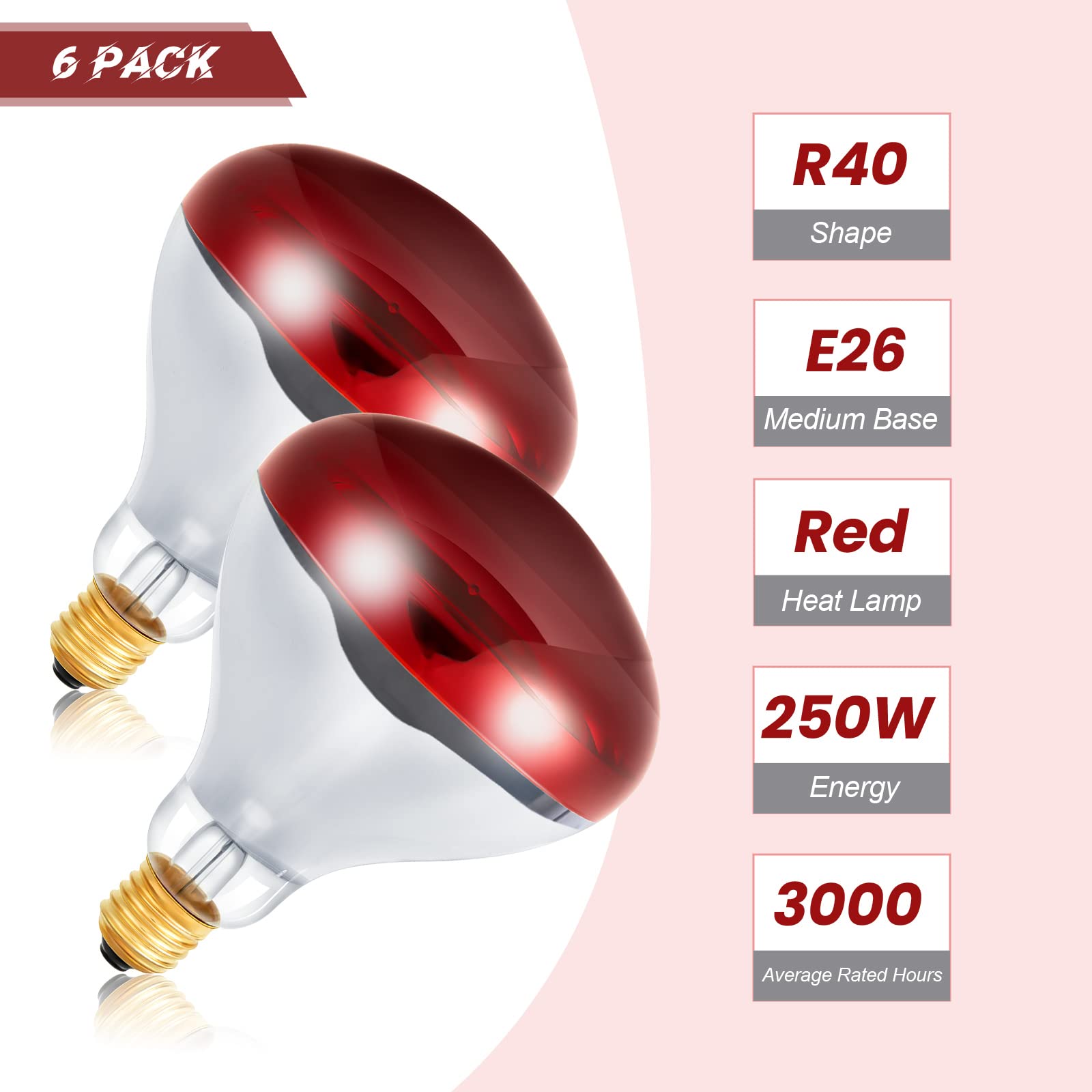 Treela 6 Pcs 110V Red Infrared Bulbs Medium E26 Base, Red Heat Lamp Flood Light Bulbs Heat Light Bulb for Bathroom Chickens Brooder Pets (250W)