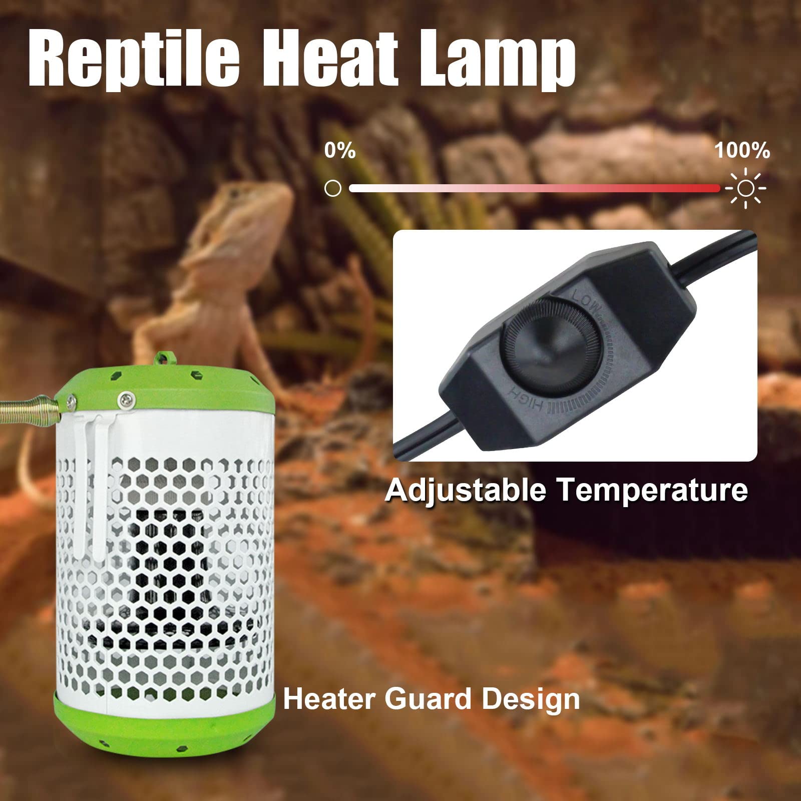 Magoog Ceramic Heat Lamp Bulb with Lampshade, Reptile Heat Lamp with Guard, Adjustable Heat Lamp from 0-100W, Reptile Heat Lamp for Bearded Dragon, Turtle, Snake, No Light Only Heat(Small)