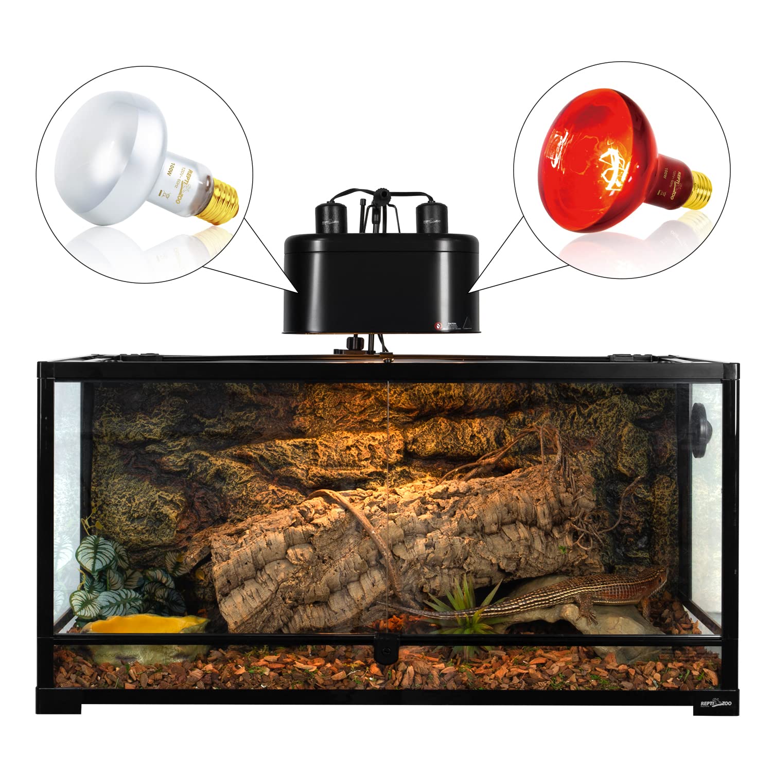 REPTIZOO Reptile Dual Lamp Fixture Heat Lamp Bulb Combo Pack includes 100W UVA Daylight Heating Lamp and 100W Infrared Heat Emitter Infrared Basking Spot